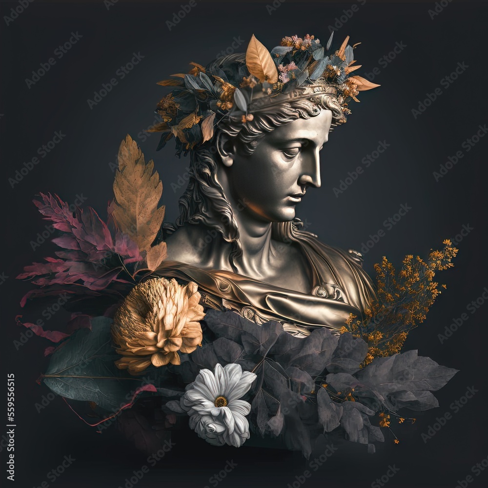 Une personne stoïque avec une couronne de fleurs, mélange d'accents d ...