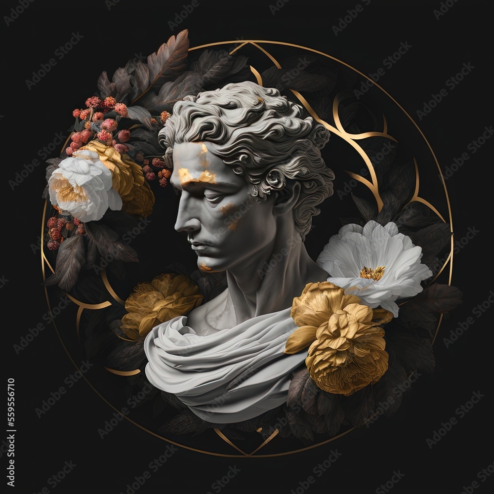 Une personne stoïque avec une couronne de fleurs, mélange d'accents d ...