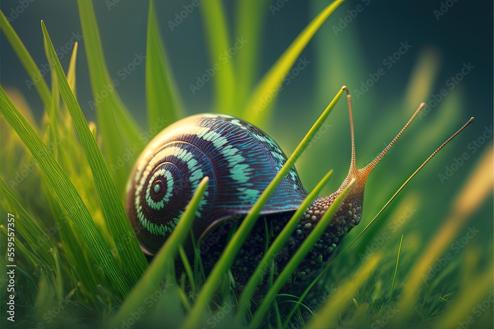 a snail is sitting in the grass with its shell on it's back legs and it ...