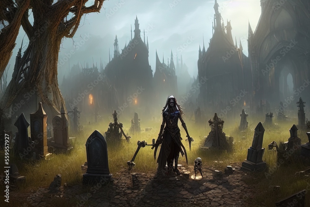 Fantasy Graveyard with Skeletons - Concept Art Stock Illustration ...
