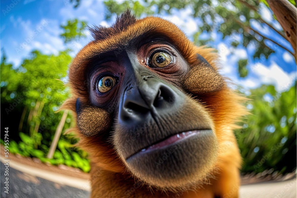 a monkey with a surprised look on his face and a blurry background of ...