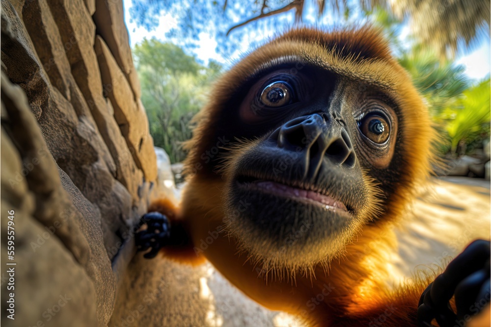 a monkey is hanging on to a tree branch and looking at the camera man's ...