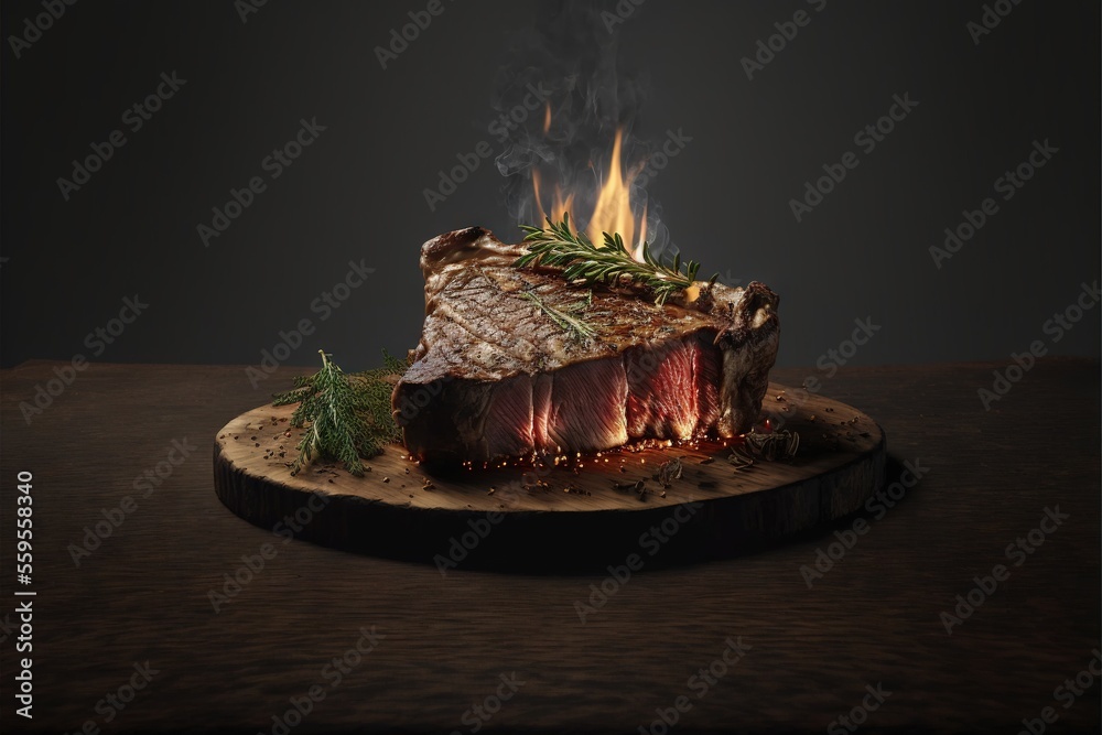 a steak with a fire burning on top of it on a wooden board on a table ...