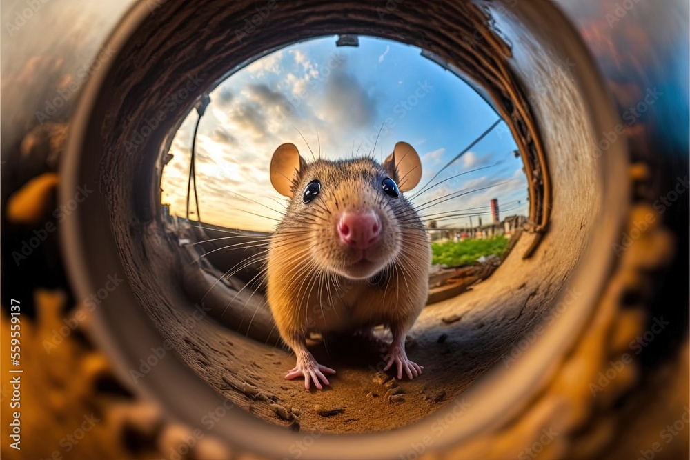 a rat looking through a pipe with a sky in the background and clouds in ...