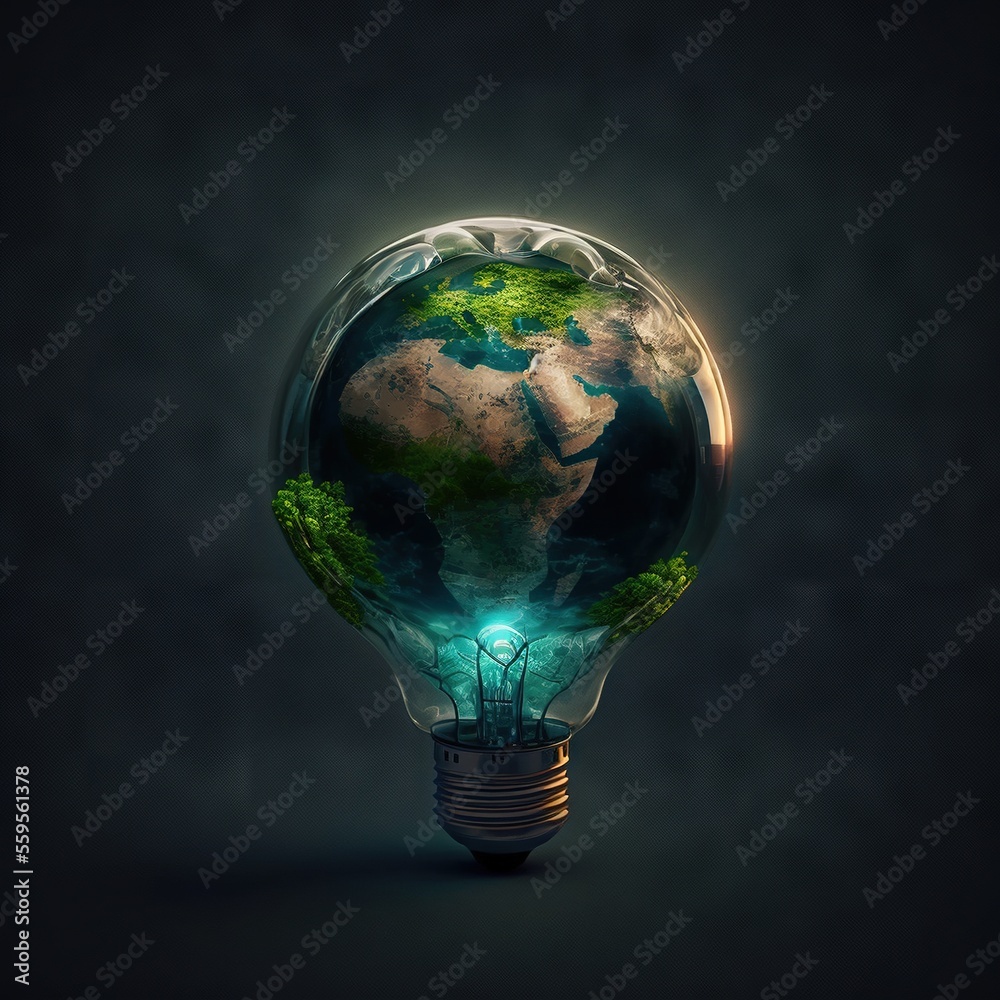 a light bulb with a picture of the earth inside it and a green light ...