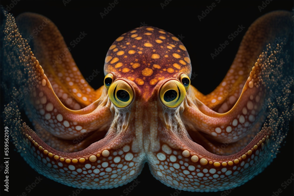 a close up of an octopus with big eyes and a large head with a ring ...