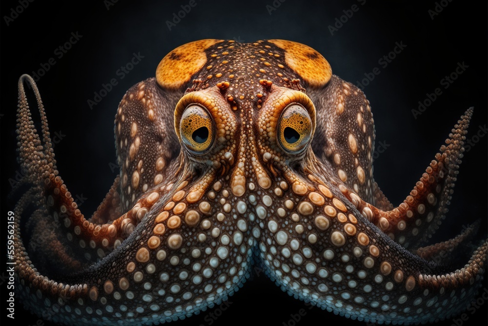a close up of an octopus with a yellow eye patch on its face and a ...
