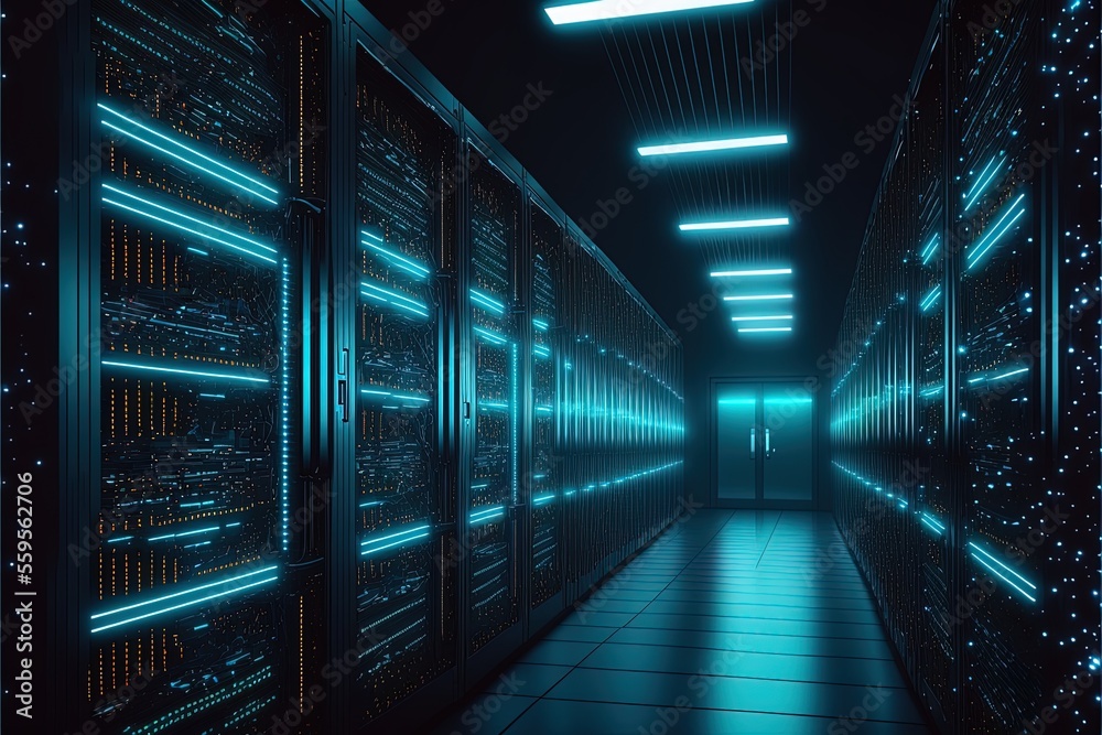 Abstract data center, server center corridor, blue neon. AI Stock ...