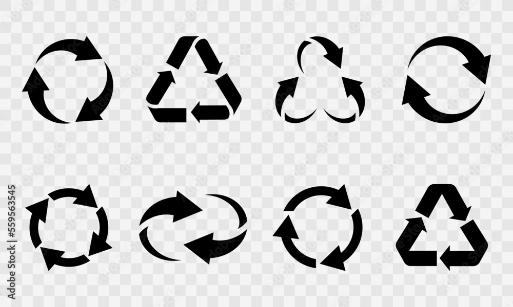 Set of black recycling symbols on transparent background. Reusable sign ...