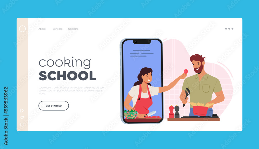 Online Cooking School Landing Page Template. Male Character Use ...