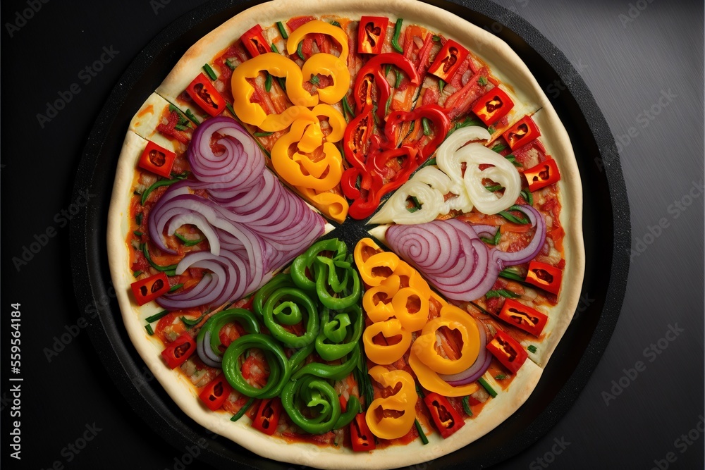 a pizza with a variety of toppings on it on a black surface with a ...