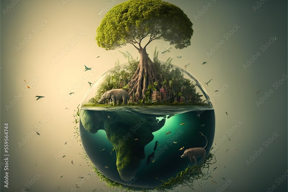 a tree is growing on top of a floating island with animals in it and ...