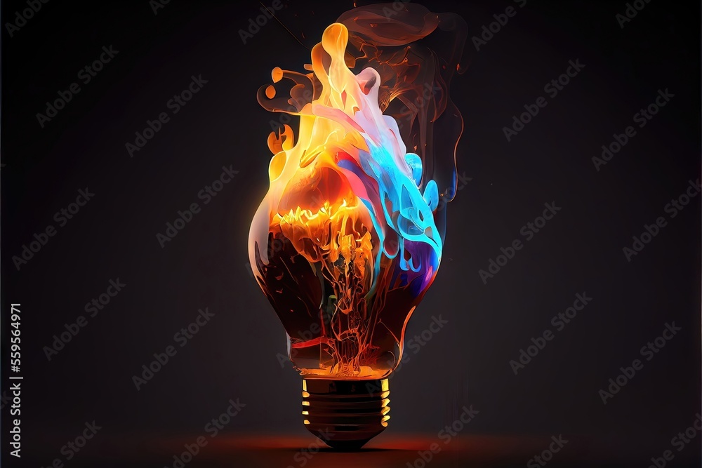 Flaming light bulb - 3D generative AI image of a light bulb on fire ...