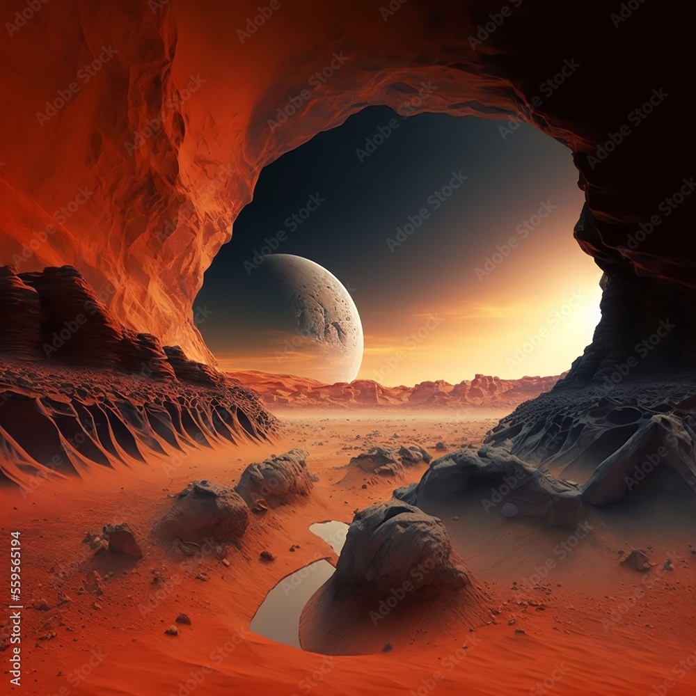 Exploration of the Martian Landscape: Illustration of Caves and Rocks ...