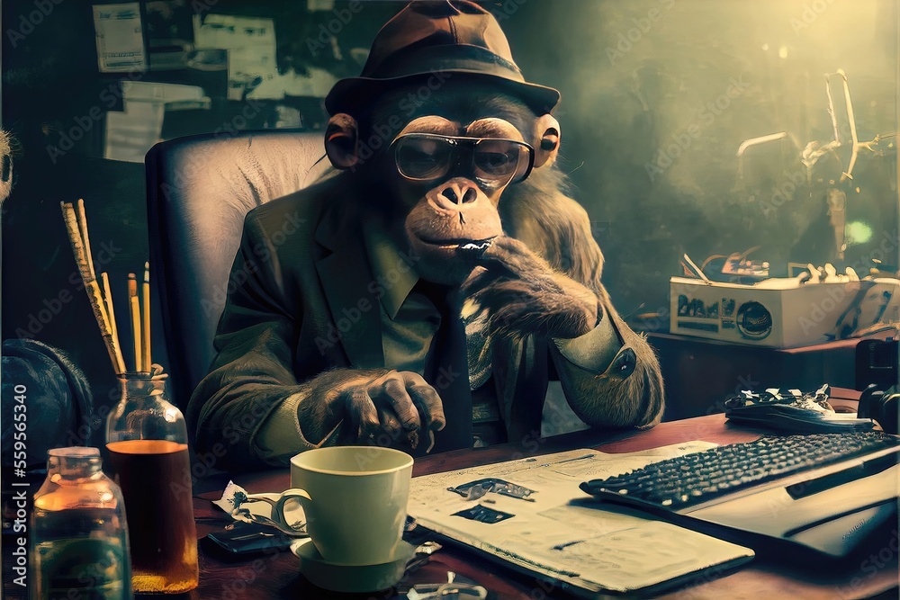 A Chimpanzee wearing a suit and hat sitting at a desk working his ...