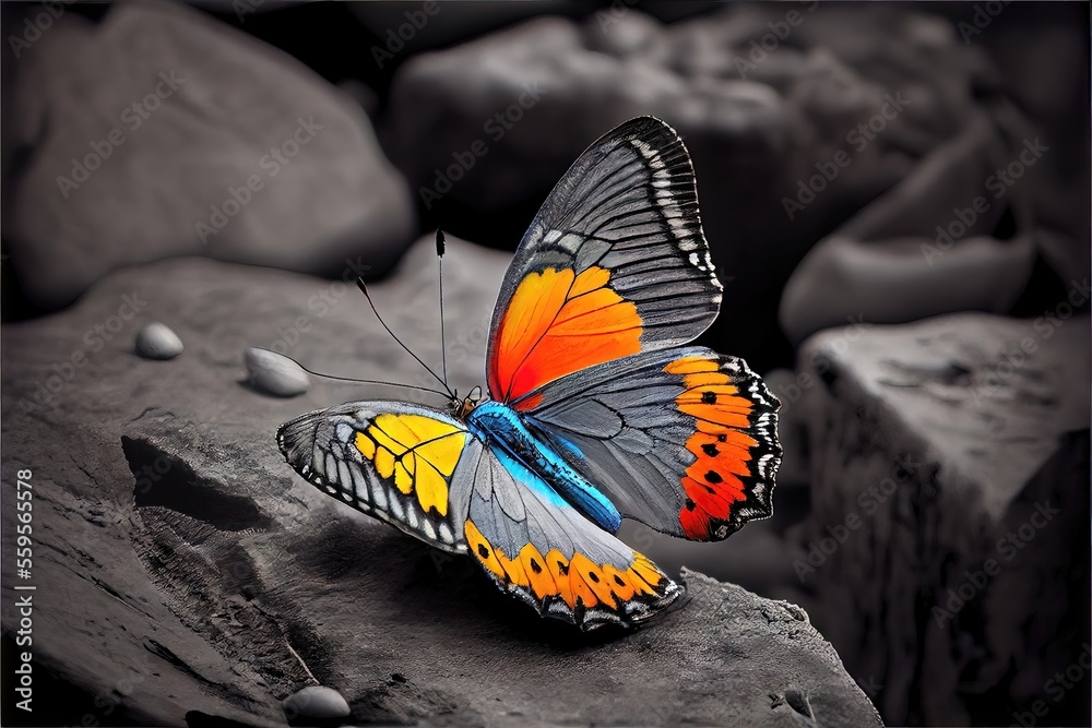 Selective color image of a bright and vibrant butterfly on grayscale ...