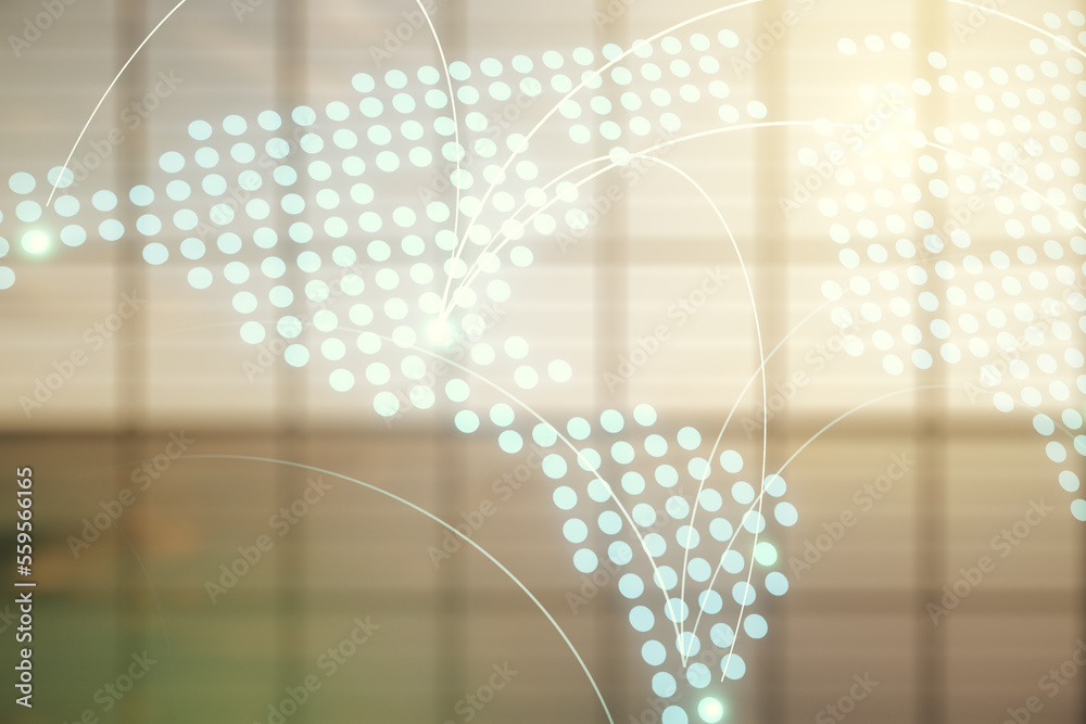 Abstract virtual world map with connections on empty corporate office ...