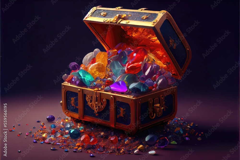 An overflowing treasure chest filled with gems -- antique-looking treasure chest with ornate ...