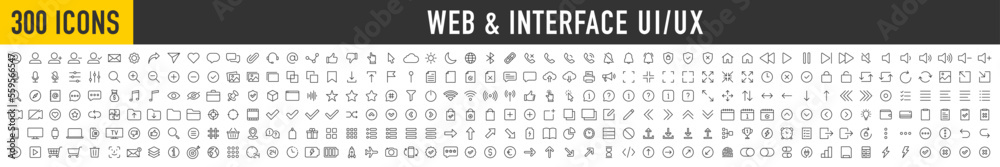Set of 300 Interface ui, ux web icons in line style. User, profile, message, mobile app ...