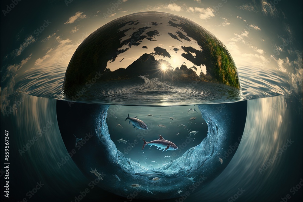 a picture of a planet with a fish swimming around it and a sky ...