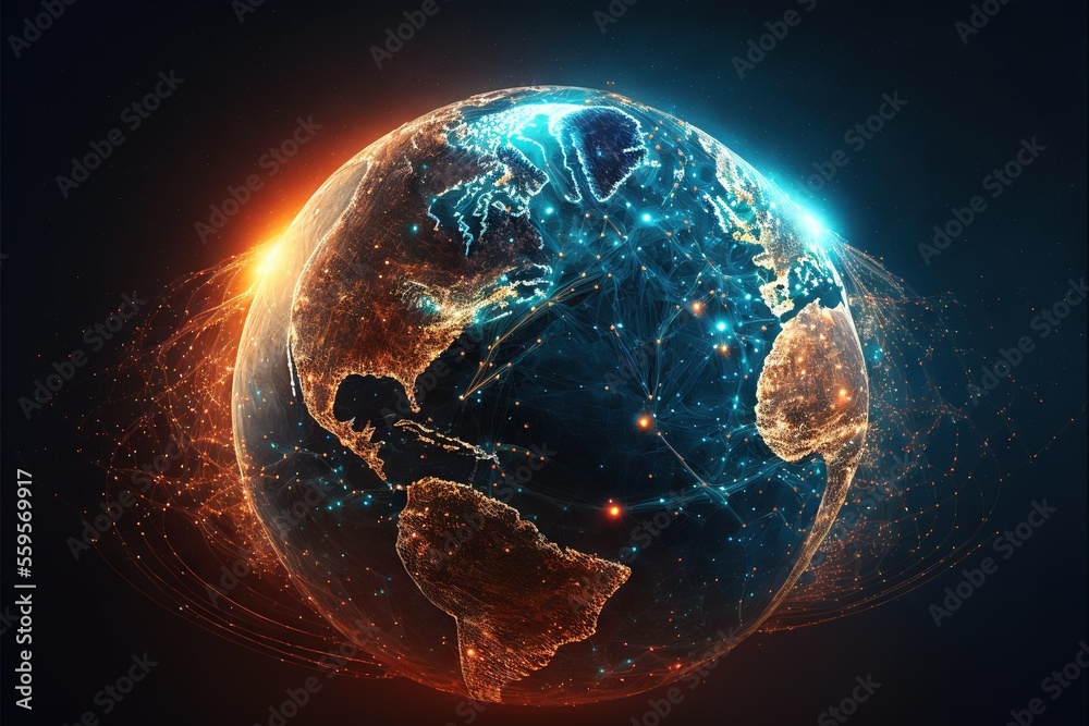 a blue and orange earth with a black background and a blue sky with ...