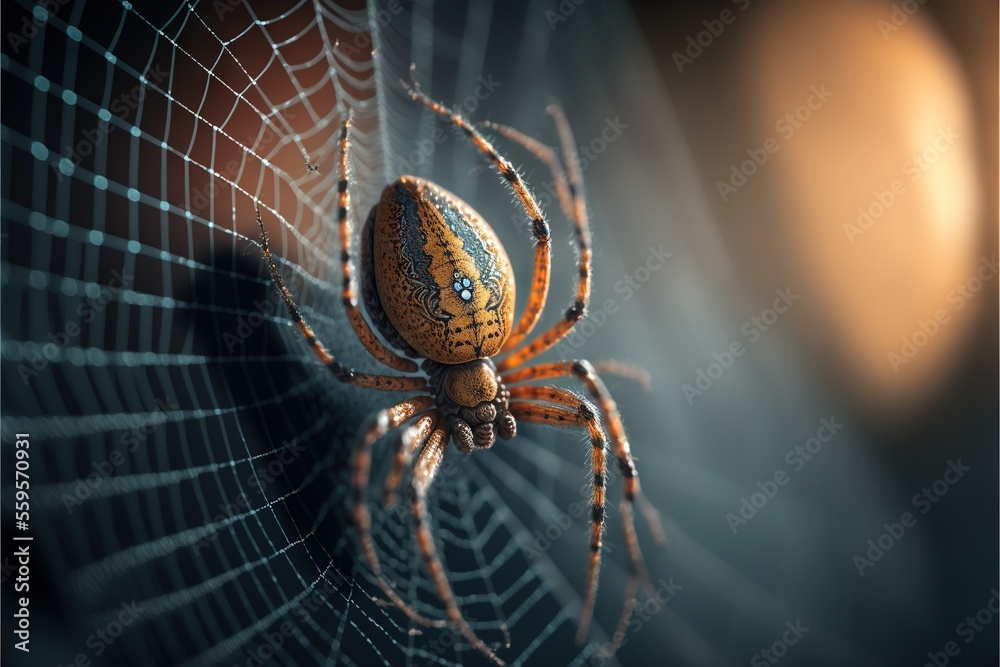 a spider is sitting on its web in the dark room with its eyes open and ...