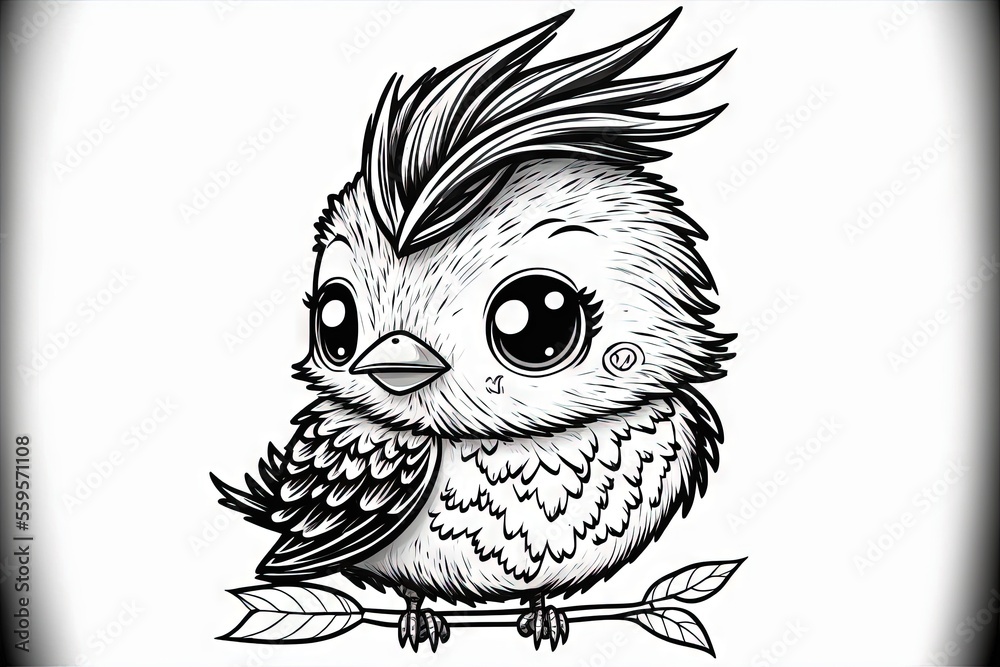 a drawing of a bird with a mohawk on it's head sitting on a branch with ...