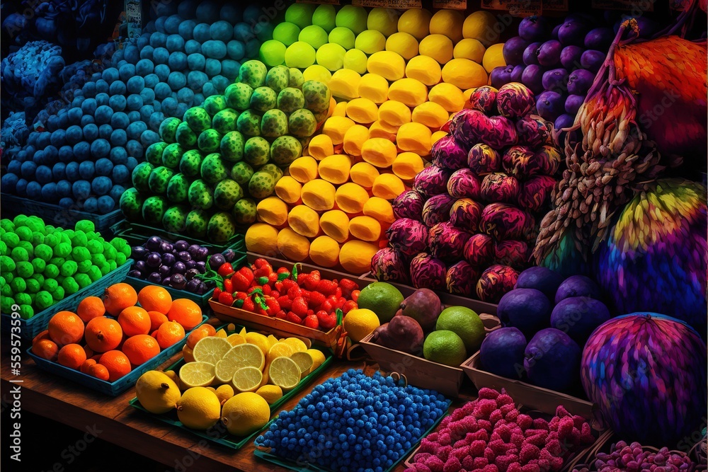a display of fruit and vegetables in a store with a rainbow of colors ...