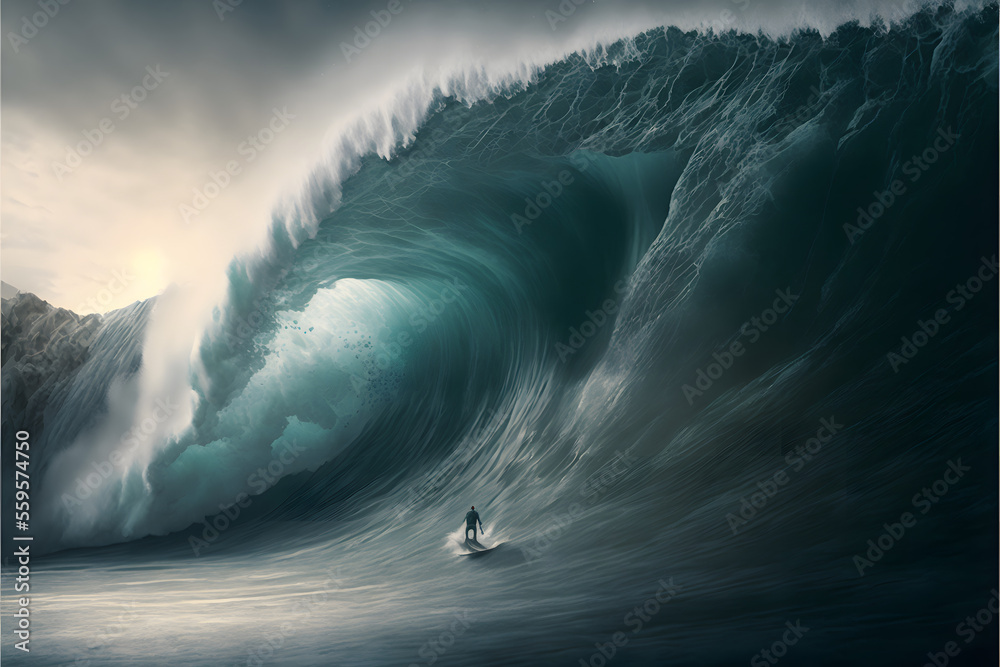 man surfing a giant wave storm, concept power of nature, illustration ...