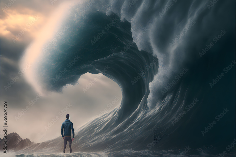man standing in front giant wave storm, concept power of nature ...