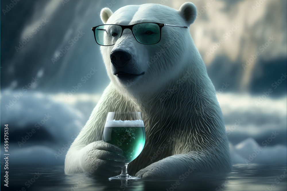cool badass icebear with sunglasses, acting human like, with a glass in the hand, illustration ...