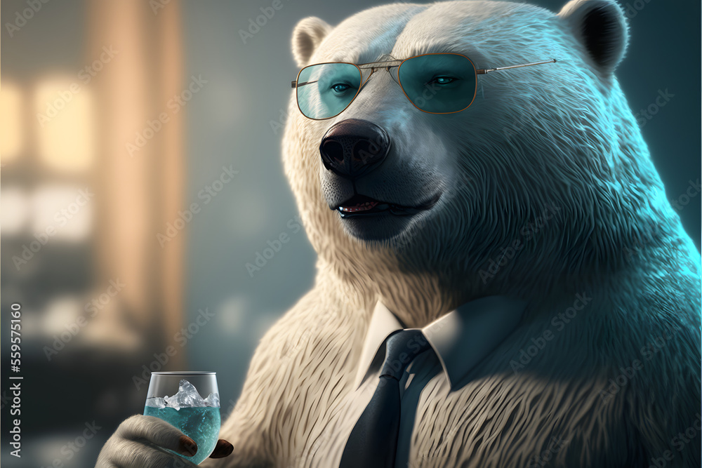 cool badass icebear with sunglasses and business dress, with a glass in the hand, illustration ...