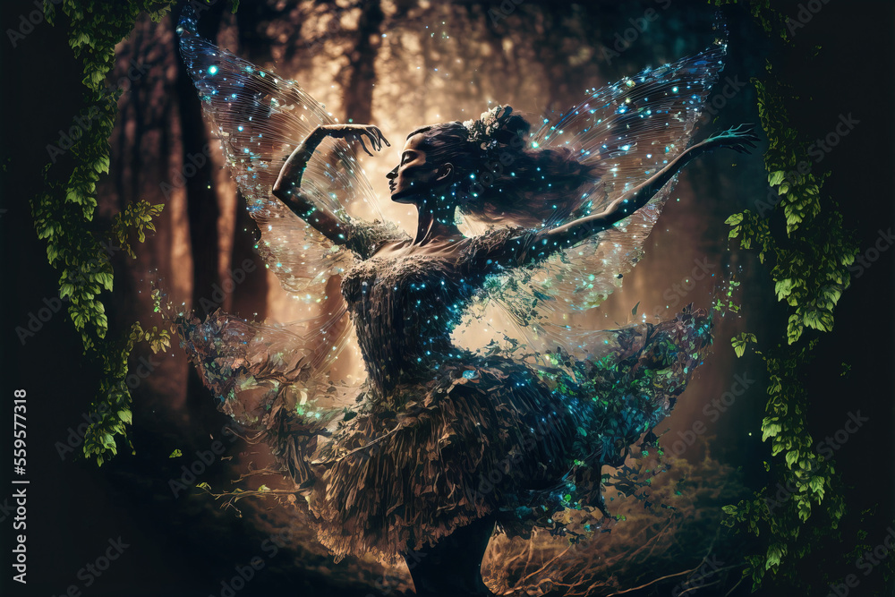 Dancing fairy in an enchanted magical forest. Digital artwork Stock ...
