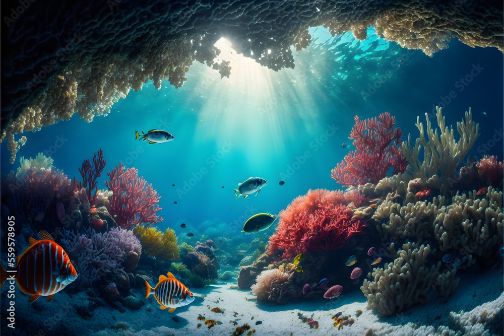 Colorful tropical fish coral scene background, Life in the coral reef ...