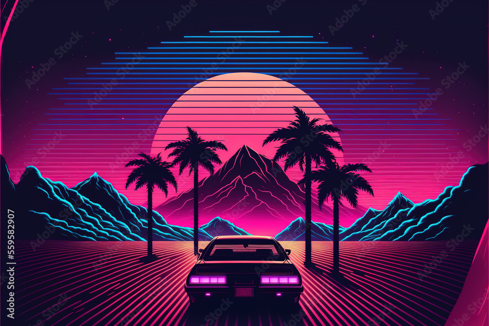 retro 80s synthwave background in neon colors, created with generative ...