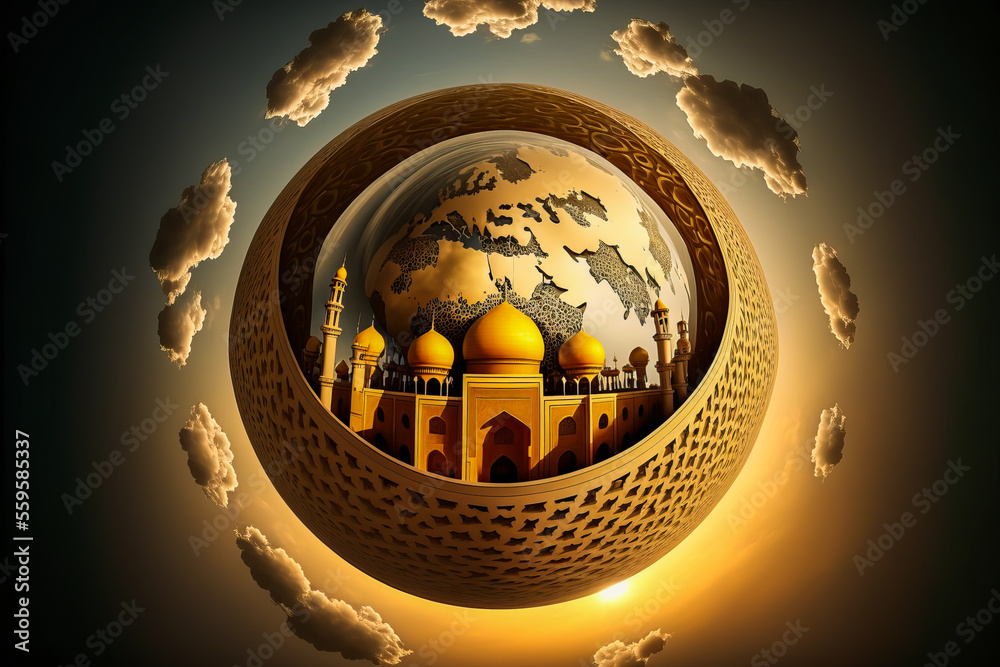 Sun, golden light and Islamic architecture. Mysterious sphere ...