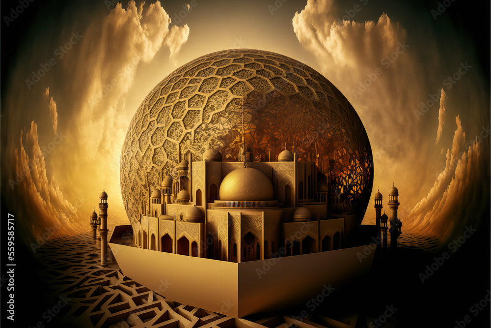 A solar and mysterious scene depicted with a classical Islamic ...