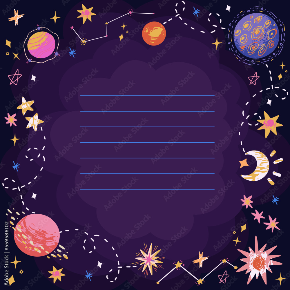 colorful hand-drawn vector card space template with planets, stars ...