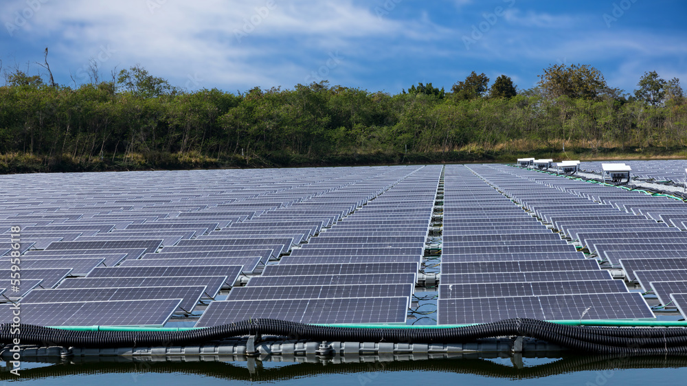 Solar power panels for green energy. Floating solar panels or solar cell Platform system on the ...