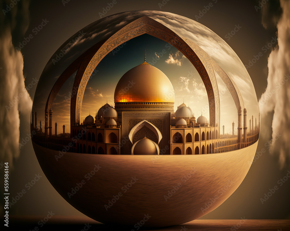 Illustrazione Stock A golden sphere, within which Islamic architectures ...