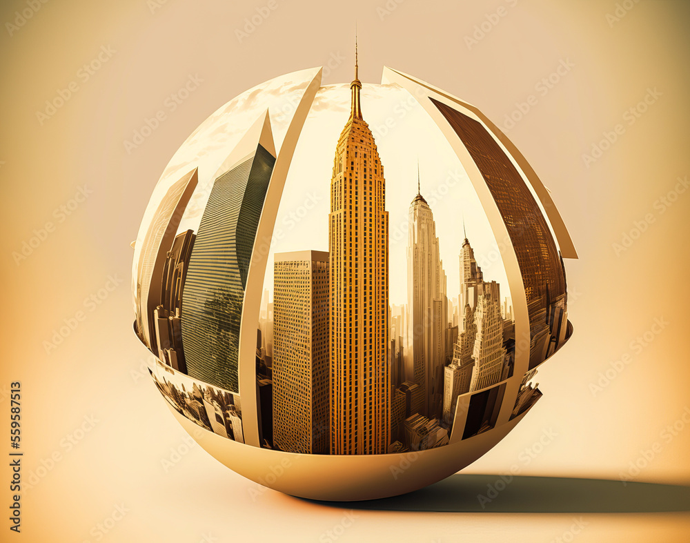 A spherical structure of architectural elements featuring monuments ...