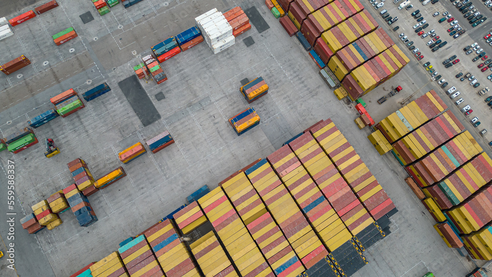 Container ship in industrial port in import, export trade logistic and ...