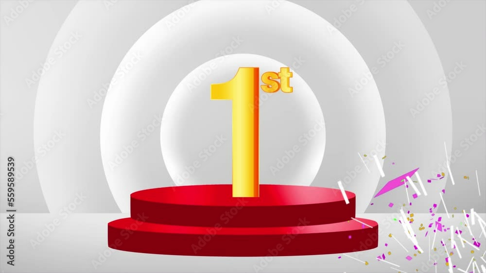 First Position 3d rendered podium with a golden number and confetti ...