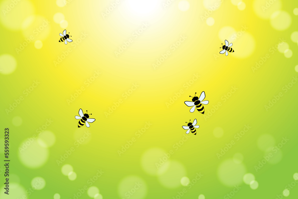 Light green, spring background with sun shine and blurry and honey bees ...