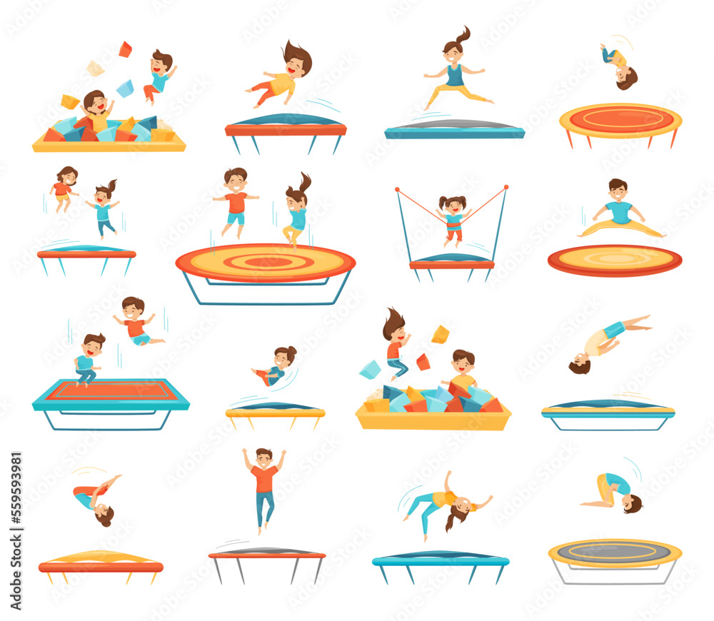 Cute kids jumping on trampolines set. Happy children bouncing on ...