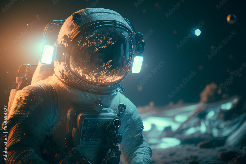 Astronaut in space suit walking on moon surface, close up. Expedition ...