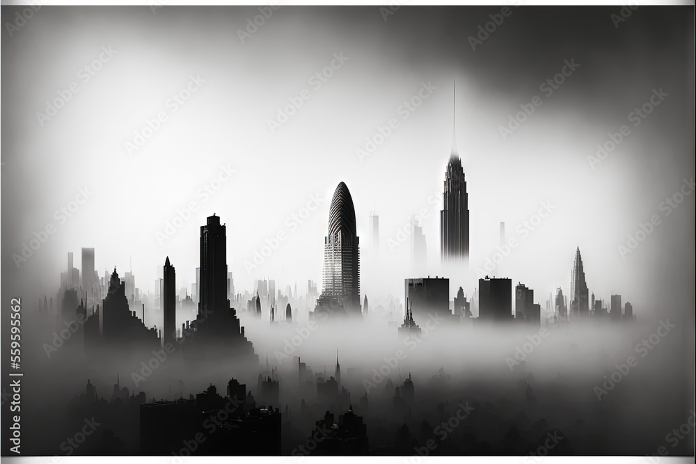 Ilustrace „a black and white photo of a city in the fog with ...