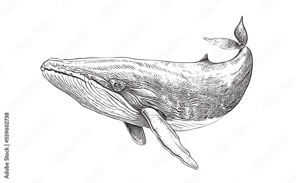 Whale sketch hand drawn underwater world vector illustration Stock ...