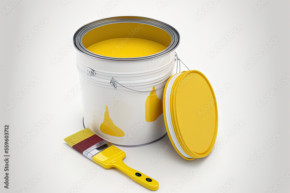 Painting brush tool and a yellow paint can bucket color container art ...