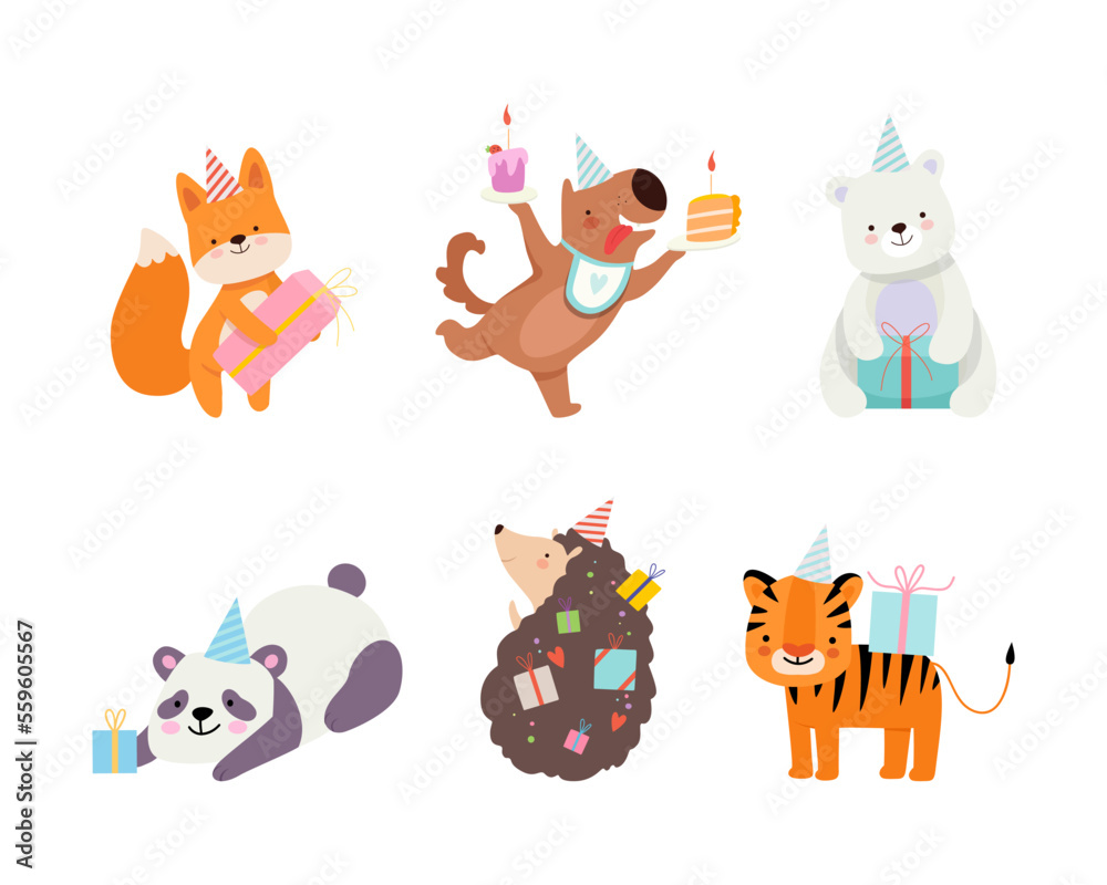 Set of cute adorable animals celebrating birthday set. Amusing fox ...